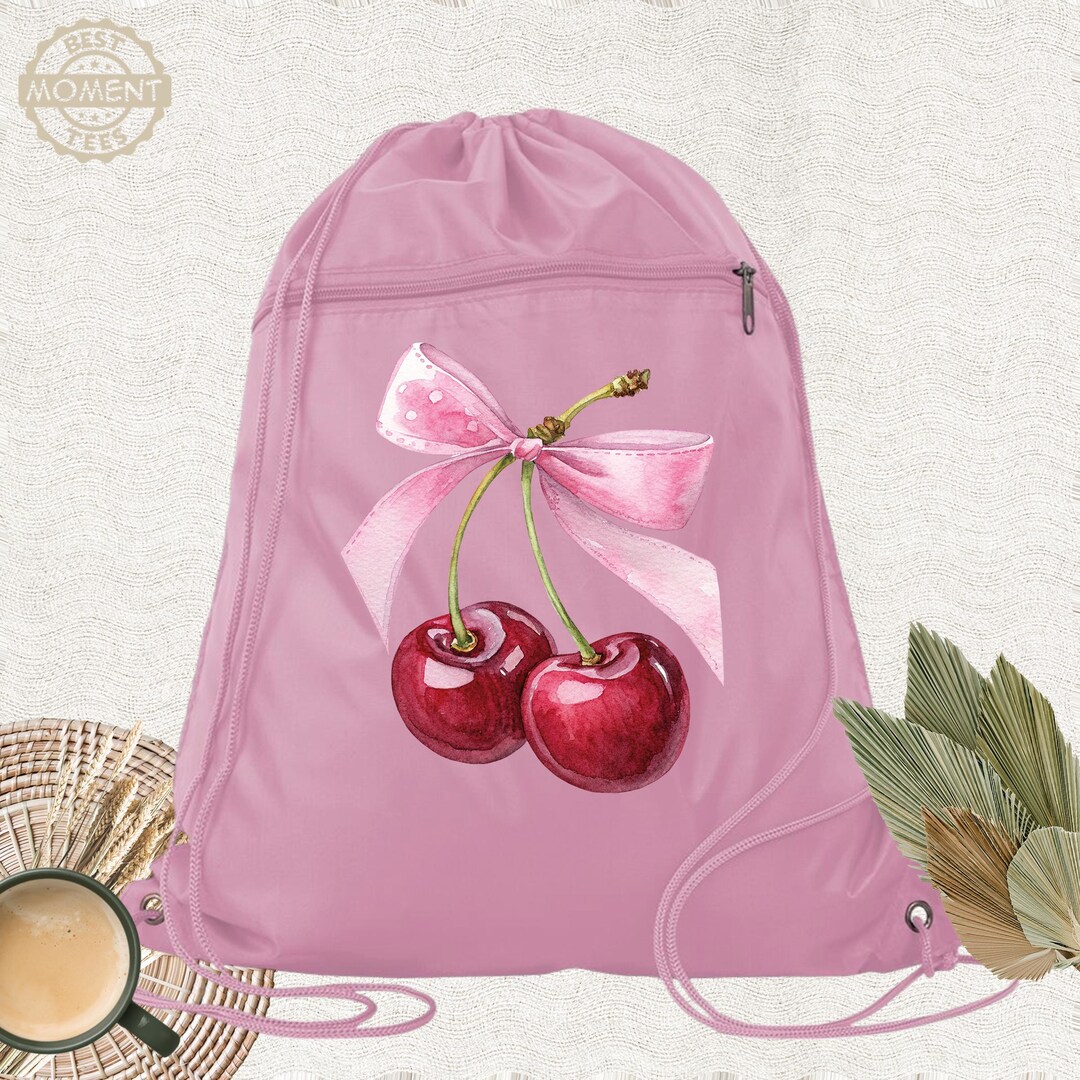 Cherry Cinchpack Bag Girls Bow Backpack, Women Cherry Backpack, Little ...