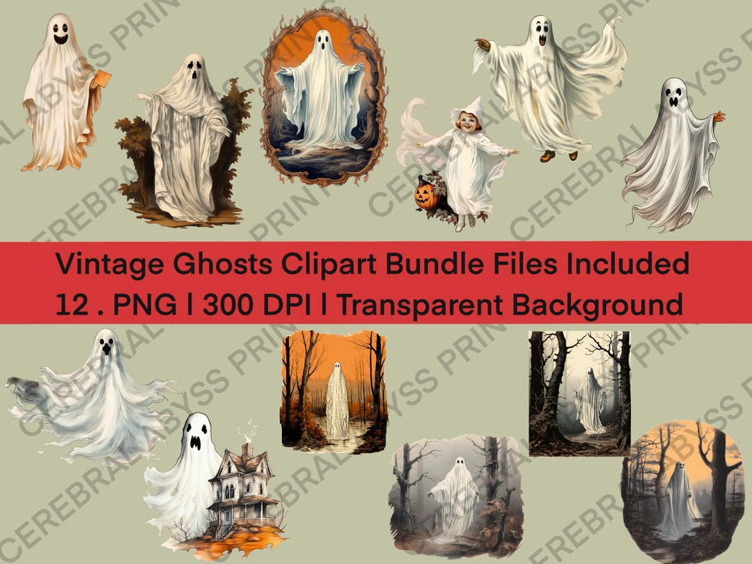 Vintage Ghost Clipart Bundle Png Cute Halloween Ghost Printable Designs ...