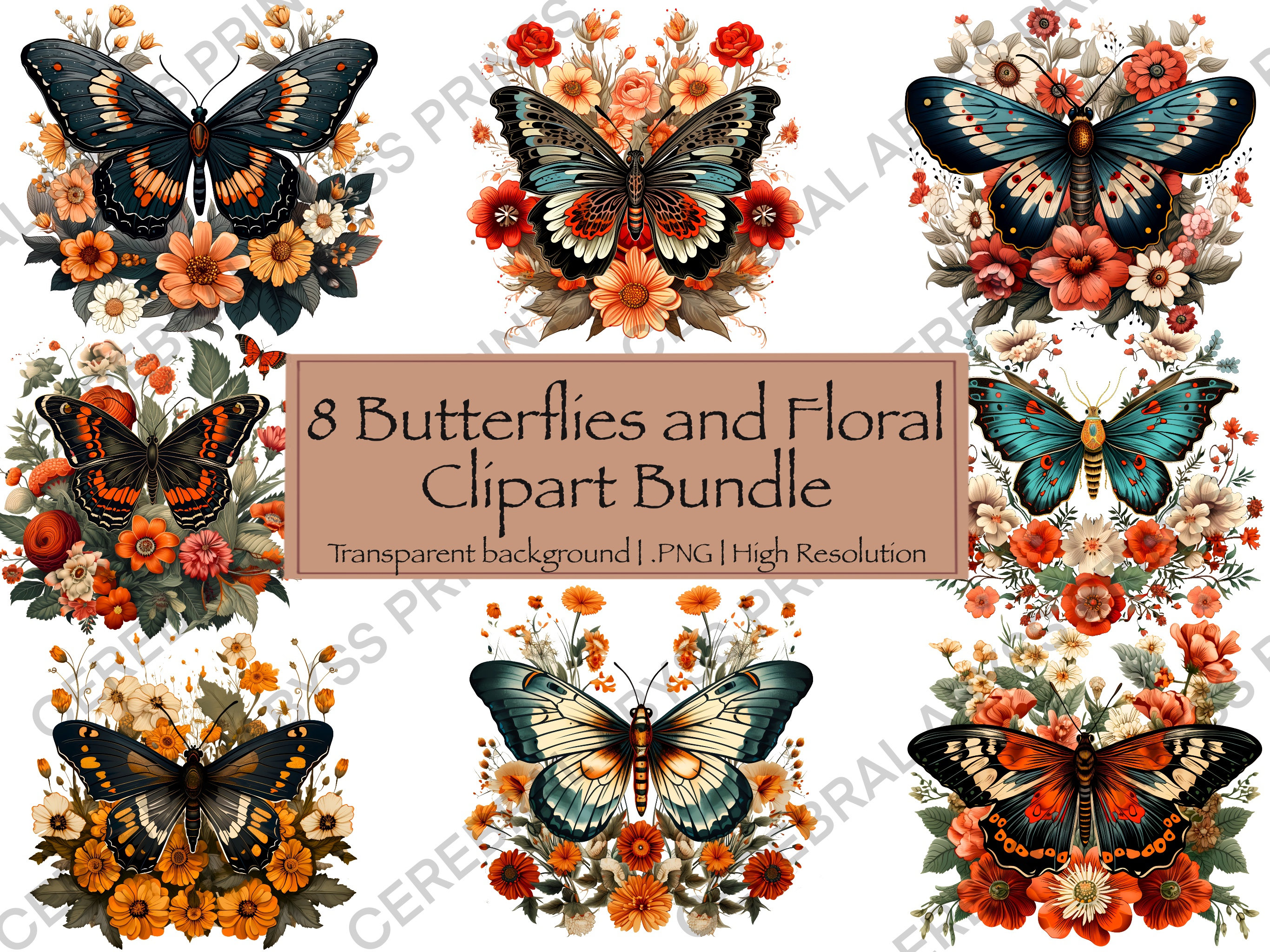 Butterfly and Flowers Clipart Bundle Pack Floral Butterflies Png Moth ...