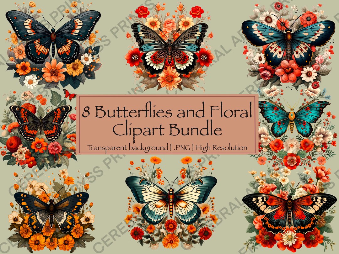 Butterfly and Flowers Clipart Bundle Pack Floral Butterflies Png Moth ...