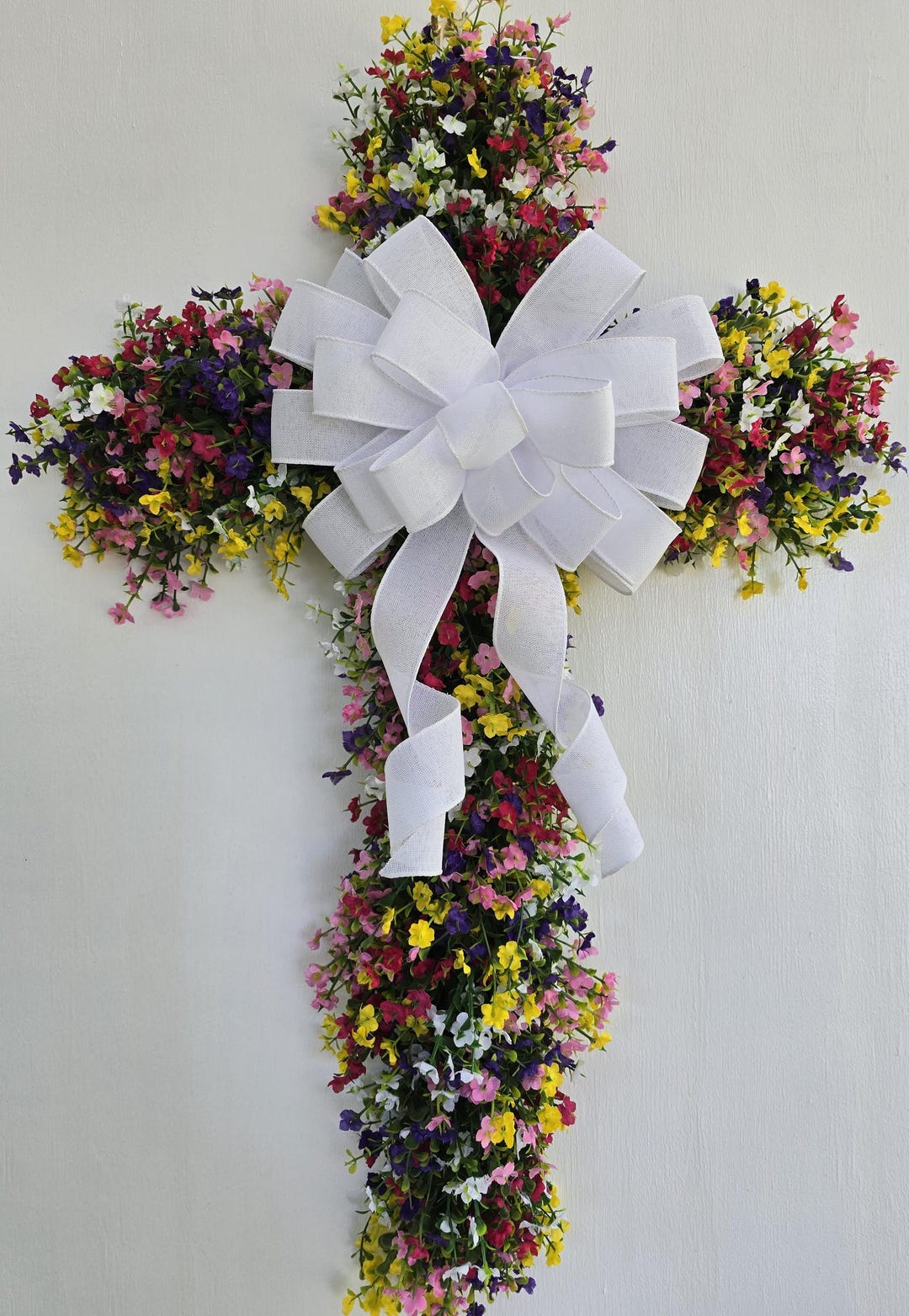 Floral Cross Wreath With White Bow, Easter Memorial Cross, Funeral ...