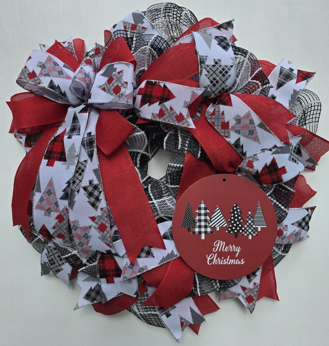 Buffalo Plaid Christmas Wreath, Red and Black Holiday Door Decor, Merry ...