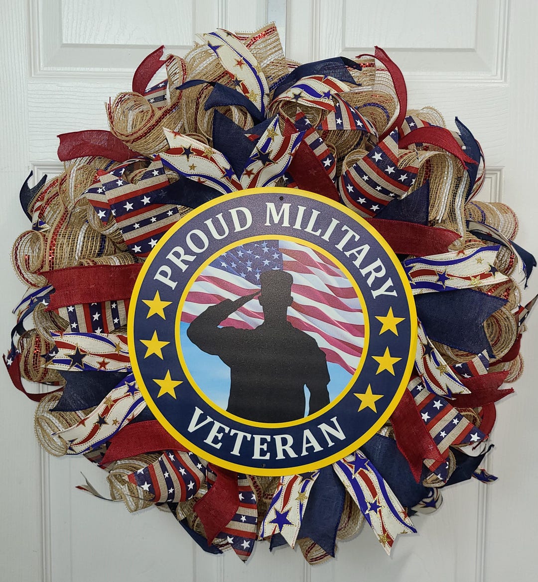 Proud Military Veteran Wreath, Patriotic Deco Mesh Door Decor, Red ...