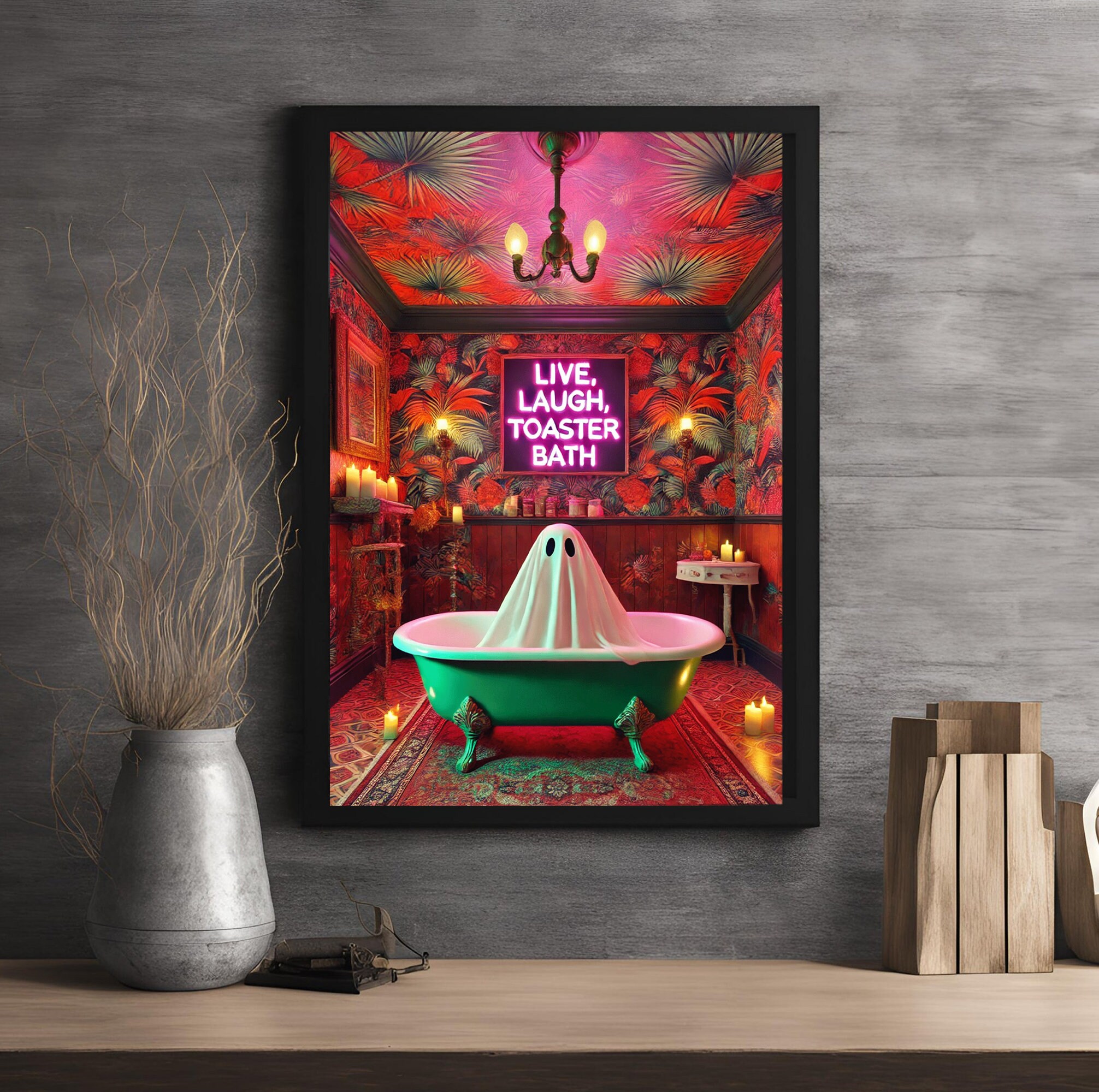Live Laugh Toaster Bath, Tropical Gothic Bathroom Wall Art Print, Funny ...
