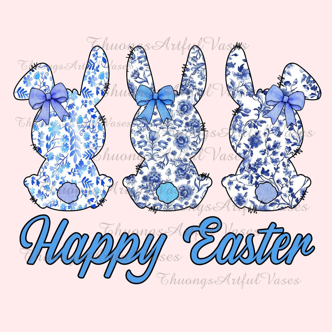 Happy Easter PNG, Blue Floral Chinoiserie Bunny Png, Grand Millennial ...