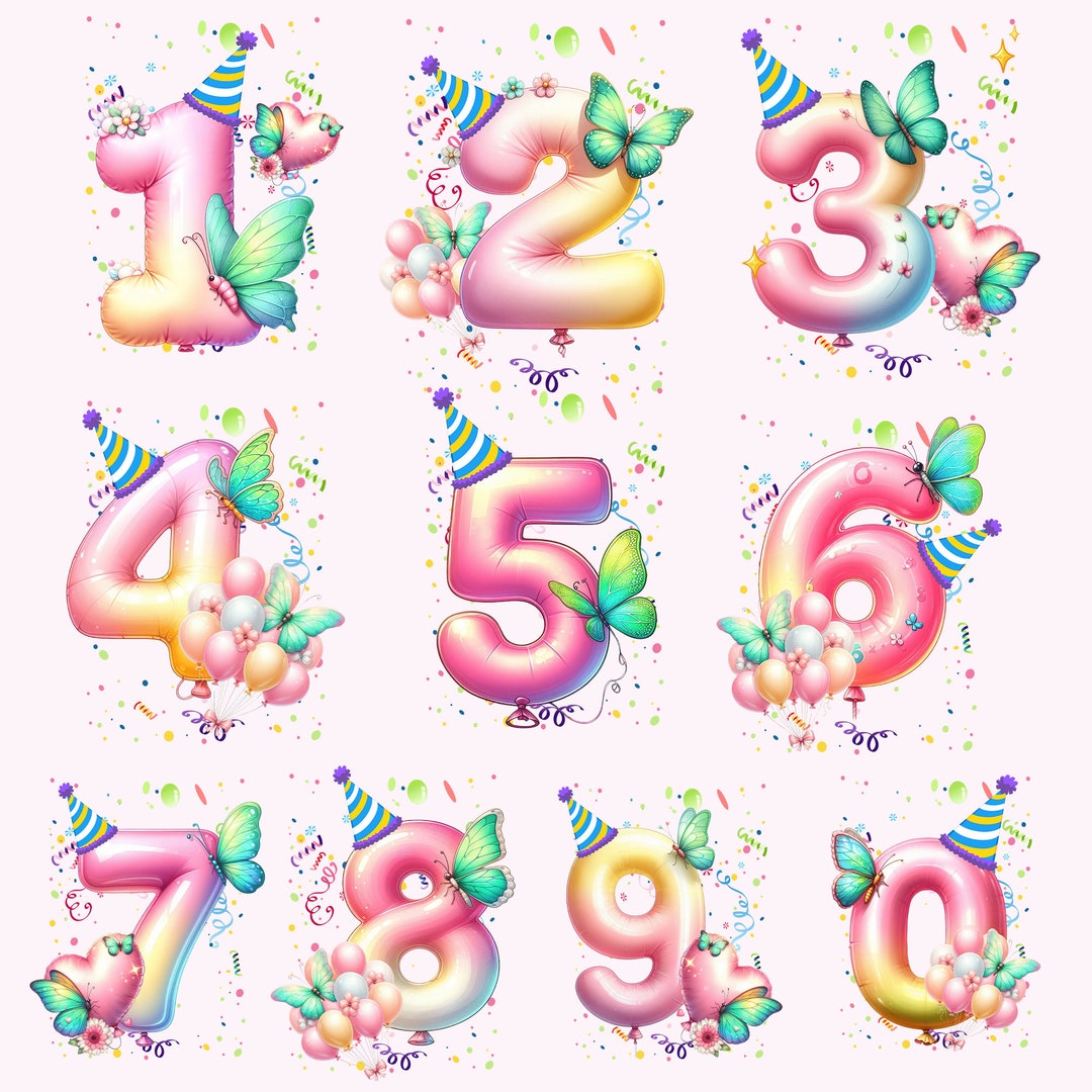 Pastel Butterflies Numbers 0 9 Birthday Balloons Clipart Pack, Girl ...