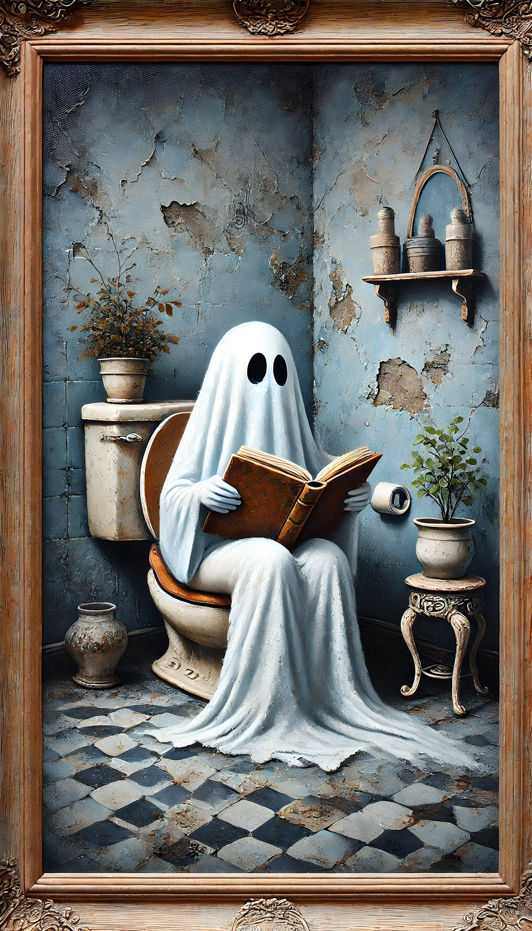 Ghost Reading a Book on the Toilet, Vintage Ghost Bathroom Poster ...