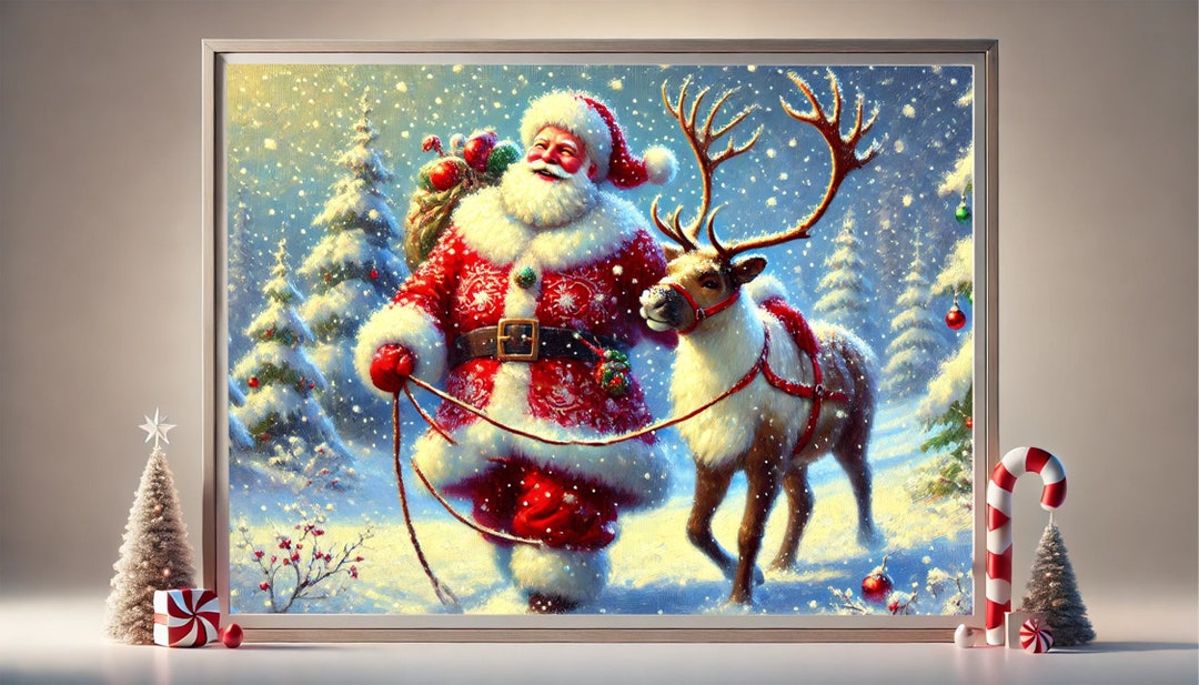 Santa Reindeer Christmas Wall Art Decor Poster Print, Vintage Santa ...