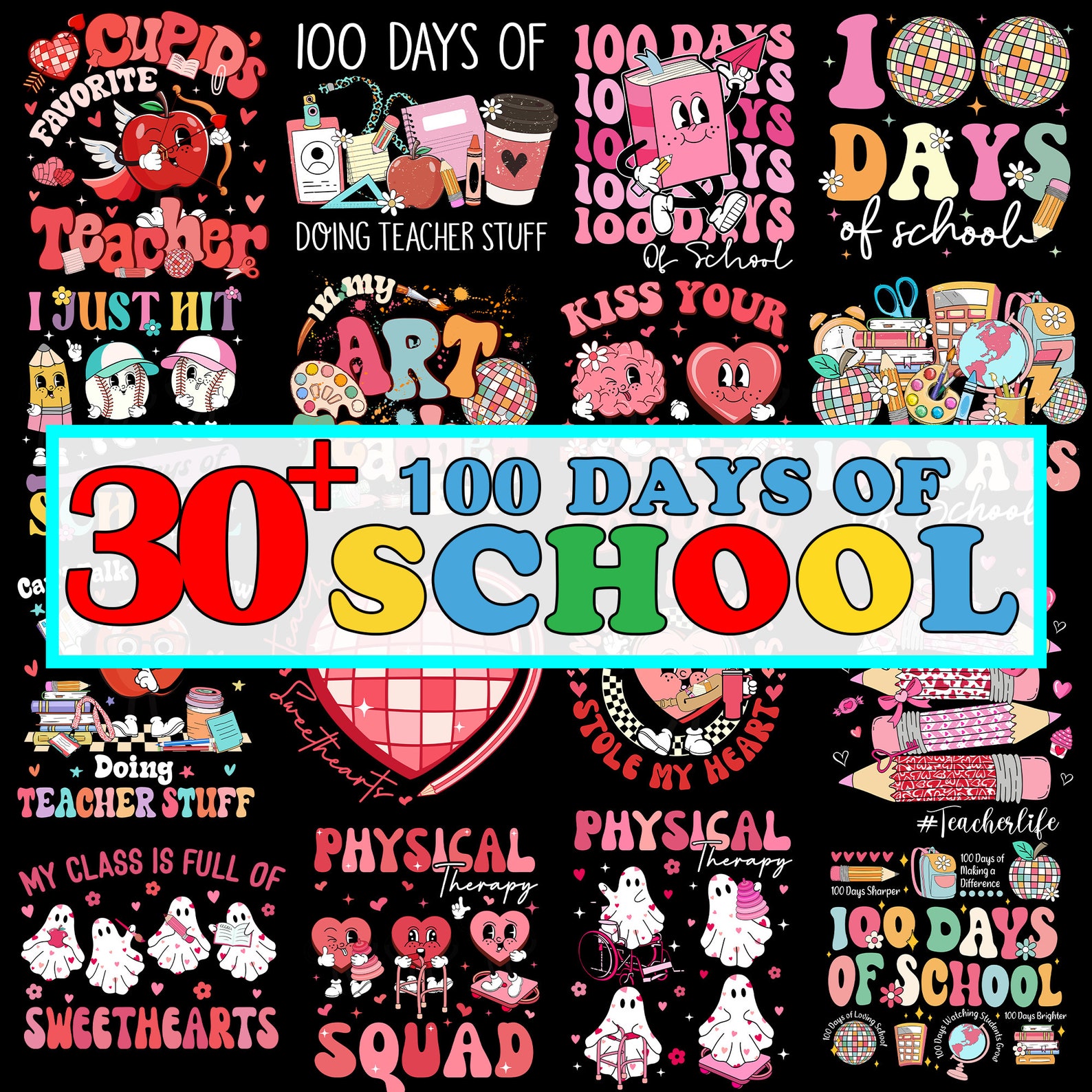 100 Days of School Bundle Sublimation Digital Design Bundle, Happy 100 ...
