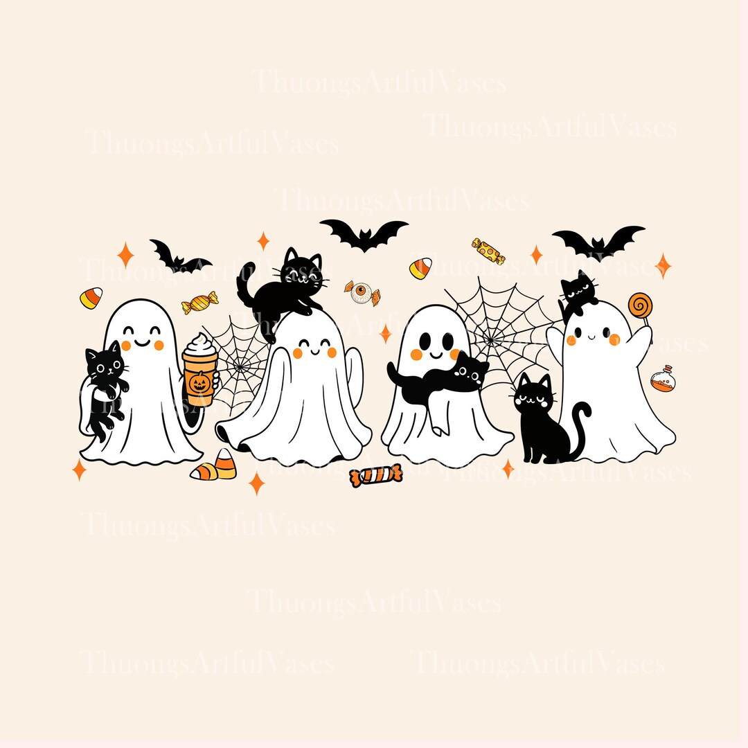 Vintage Halloween Ghost With Black Cats PNG, Halloween Ghost, Cute ...
