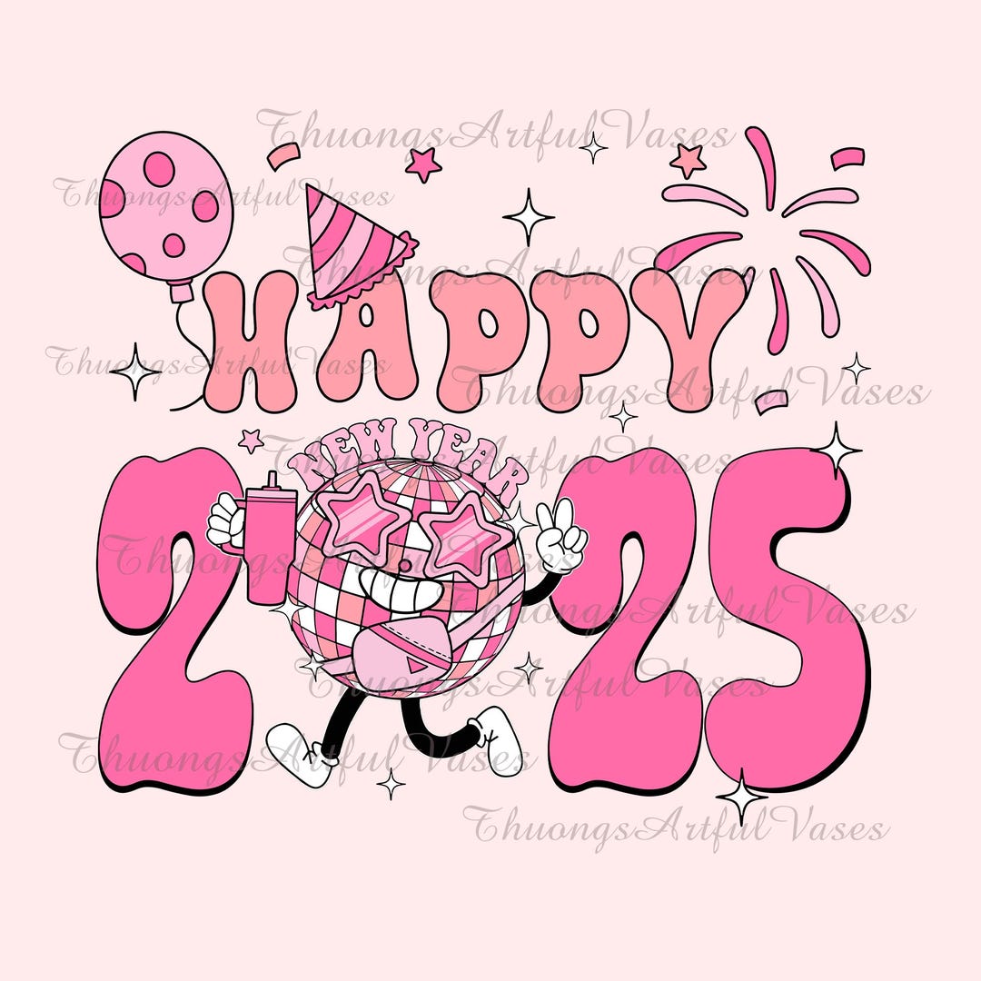Retro Happy New Year 2025 Png, Disco Ball Pink New Year's PNG , New ...