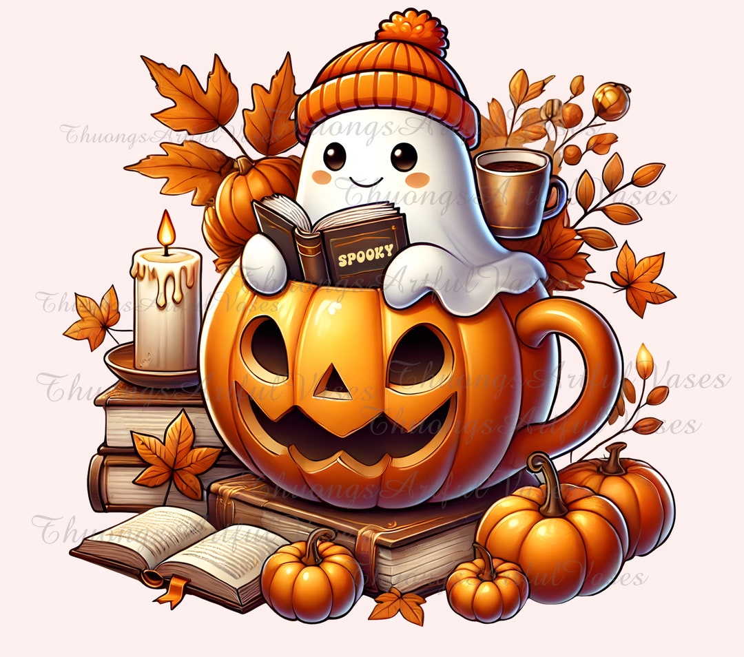 Bookish Ghost Pumpkin PNG, Ghost Reading Png,retro Halloween Png, Cute ...