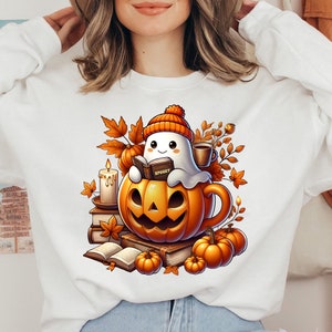 Bookish Ghost Pumpkin PNG, Ghost Reading Png,retro Halloween Png, Cute ...
