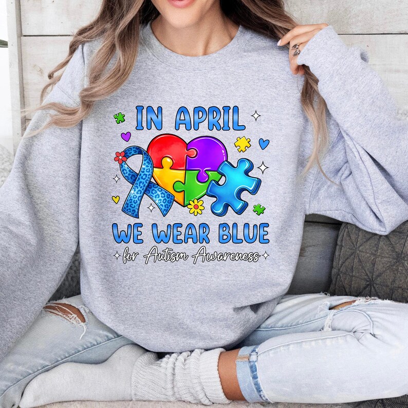 In April We Wear Blue PNG, Autism Awareness Month, Autism Puzzle Ribbon ...