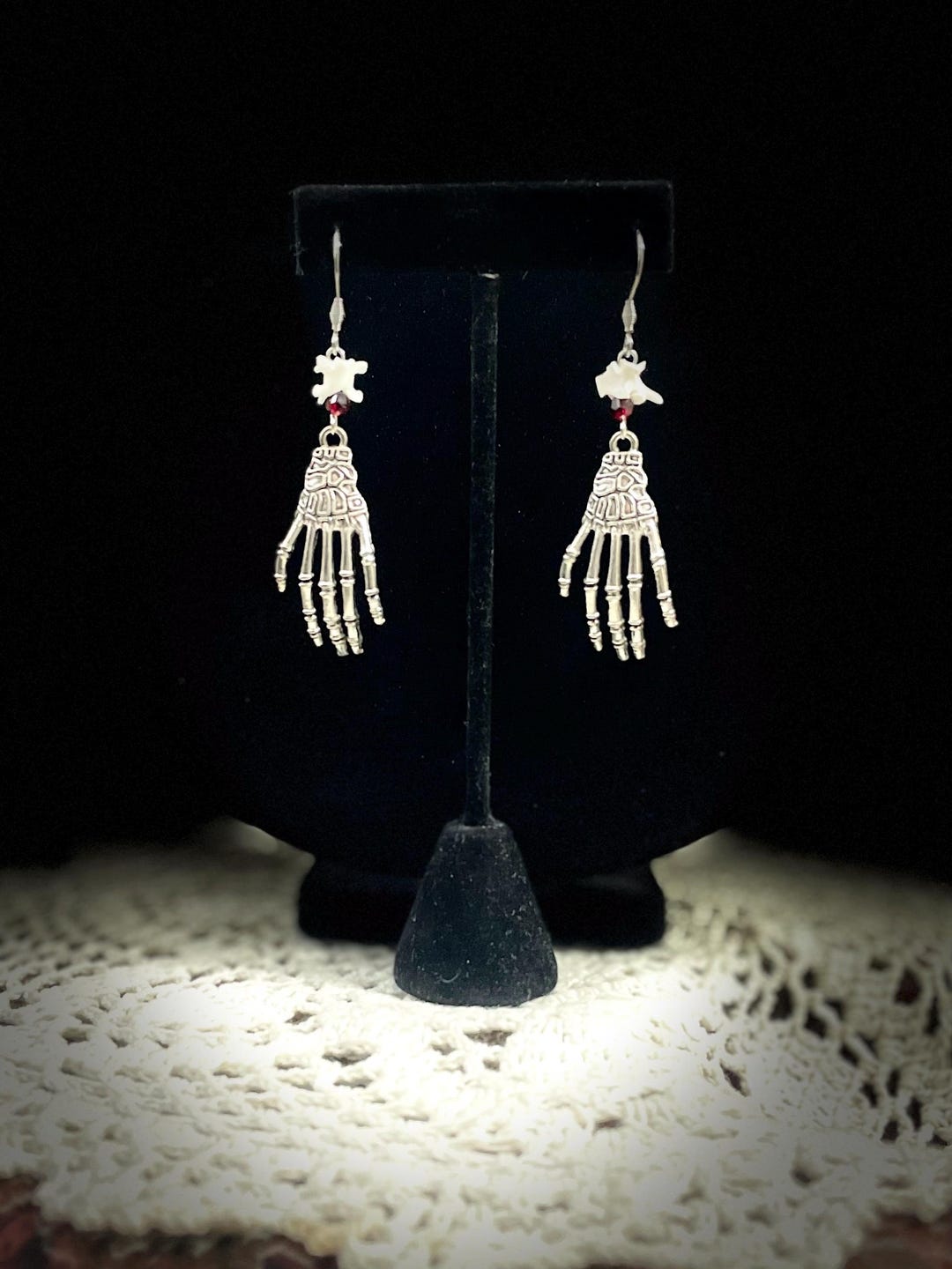 Snake Vertebrae With Skeleton Hands Dangly Earrings and Garnet Colored ...