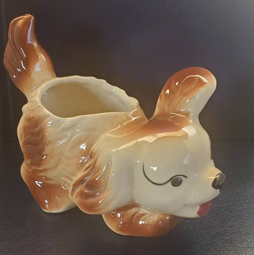 Vintage Playfull Puppy Dog Planter~one Ear Up/one Down~4.75”h X 7”L - Etsy