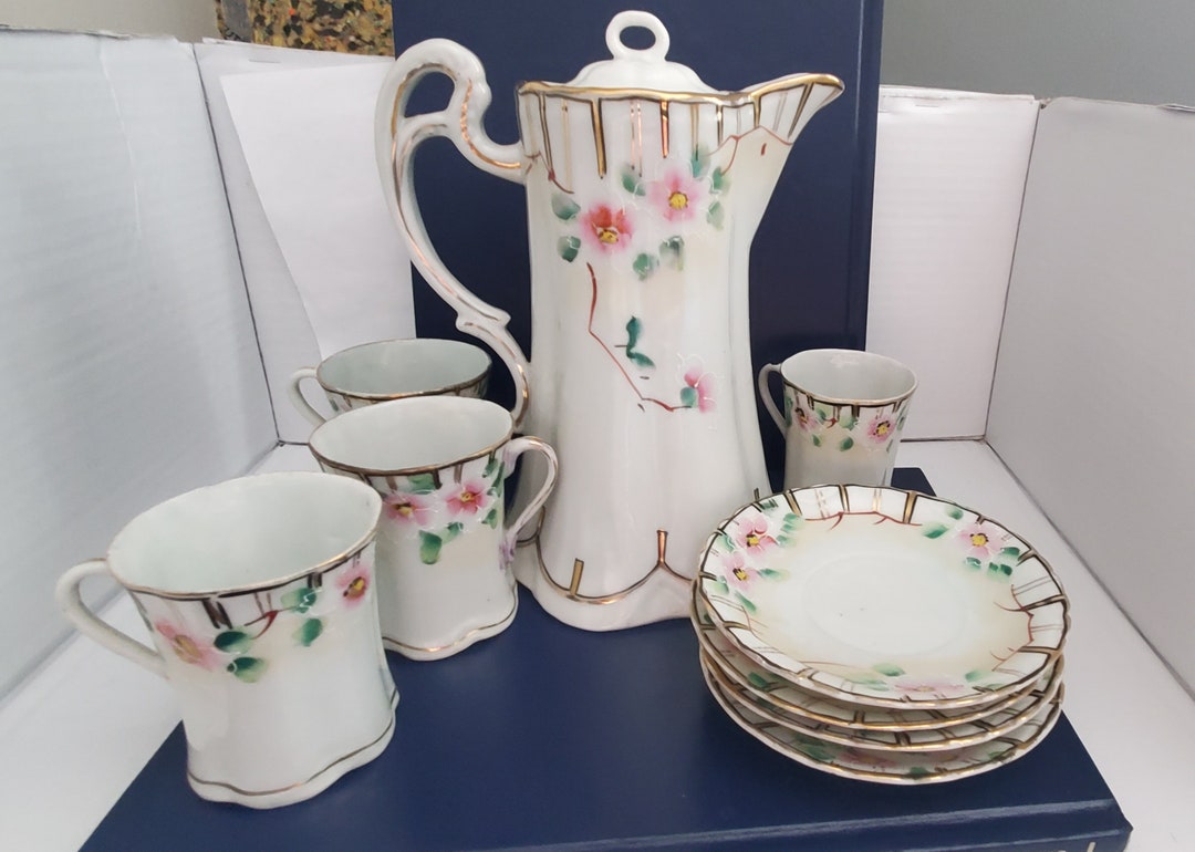 Antique Chocolate Tea Set Hand Painted in Japan Floral W/ 4 Cups ...