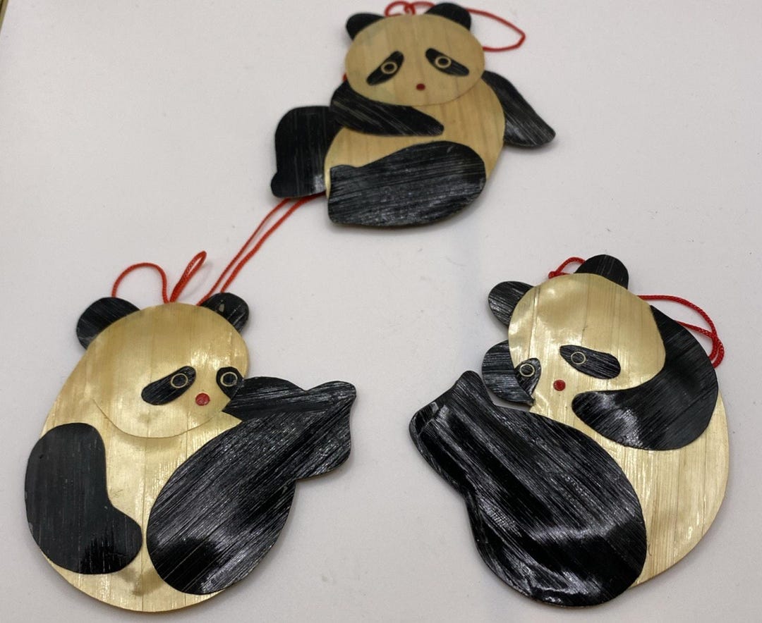 Vtg Pressed Bamboo Panda Bear Asian Set 3 Hanging Ornament Whimsical ...