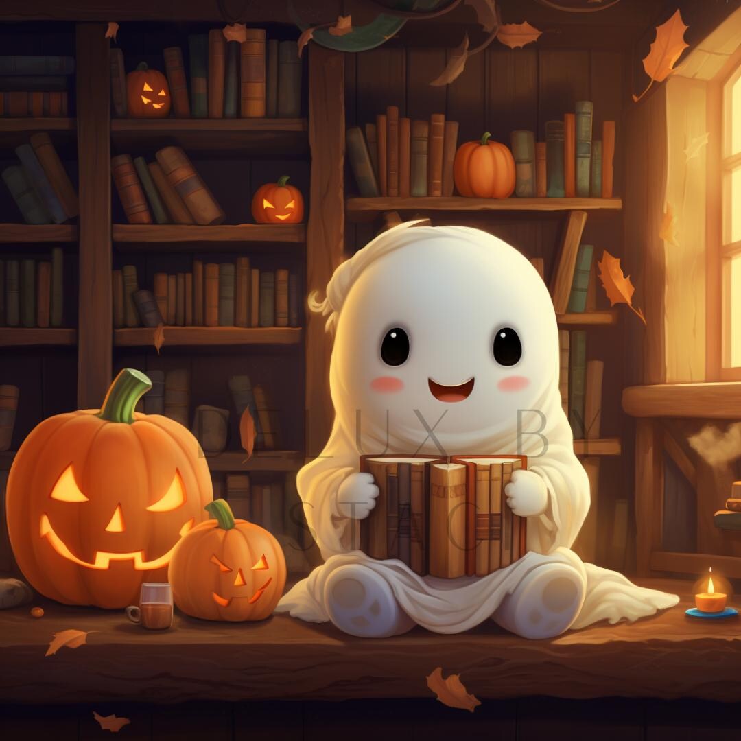 Bookish Ghost Halloween Art, Spooky Library Scene (digital Download) - Etsy