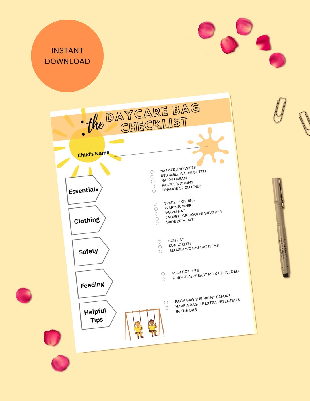 Daycare Checklist, Childcare Essentials for School Bag, Daycare Planner 2025, Children's Bag ...
