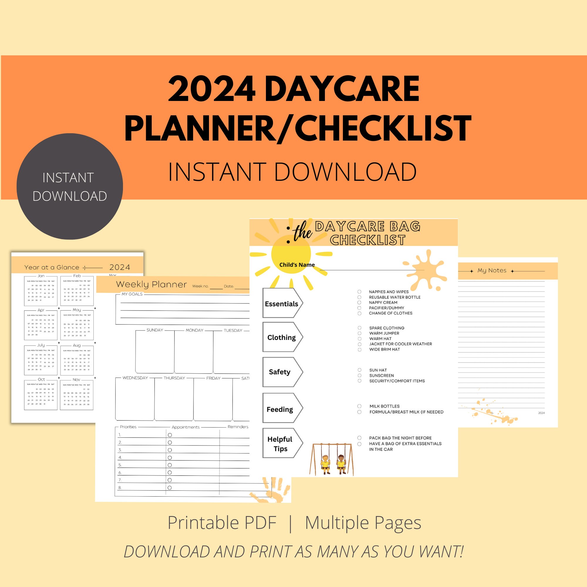 Daycare Checklist, Childcare Essentials for School Bag, Daycare Planner 2024, Children's Bag ...