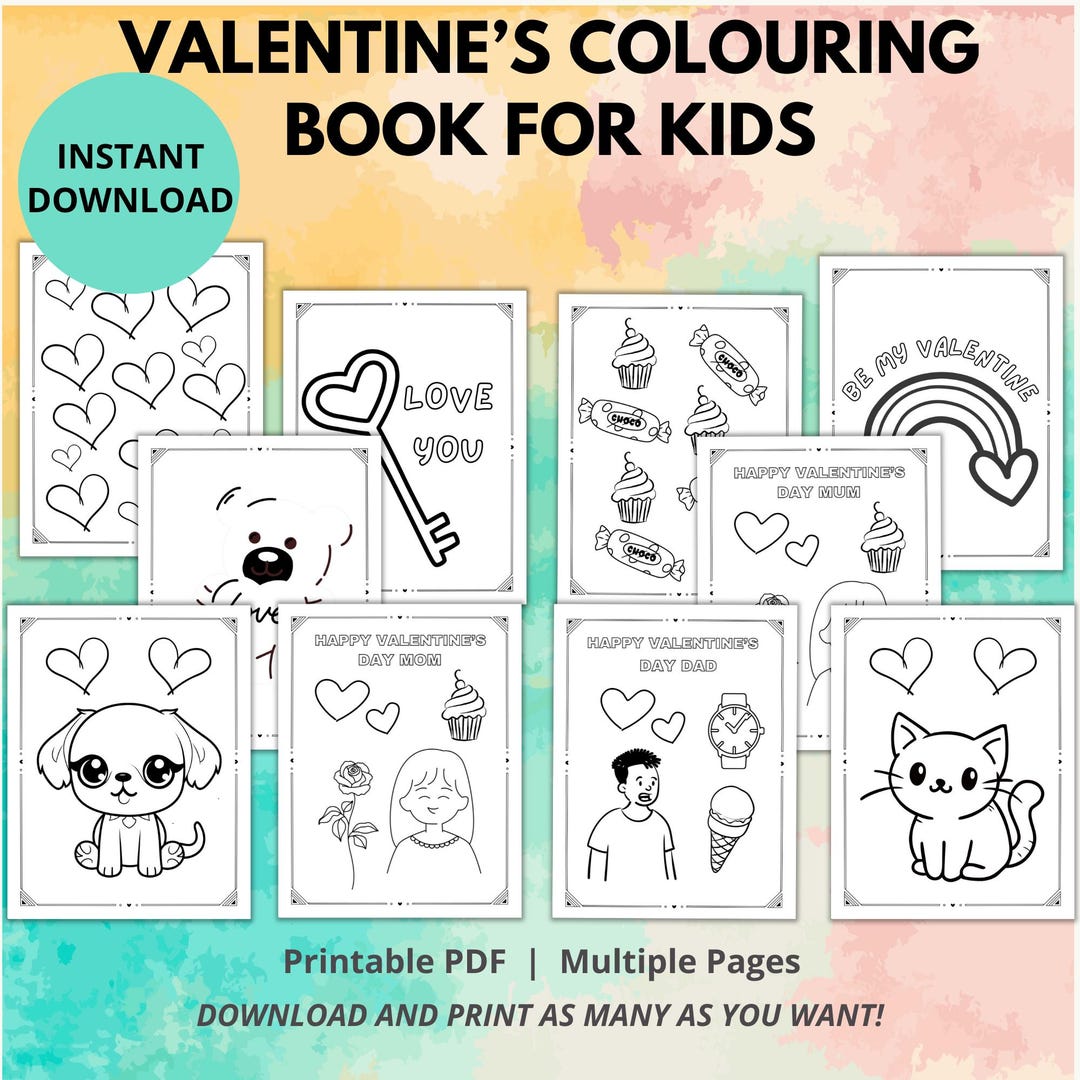 Valentine's Coloring Pages for Kids, Printable Color Book, Valentines ...