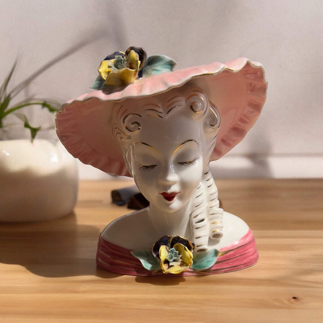 Vintage Scarlet Japan Lady Head Planter Vase Pink Dress, Yellow Rose on ...