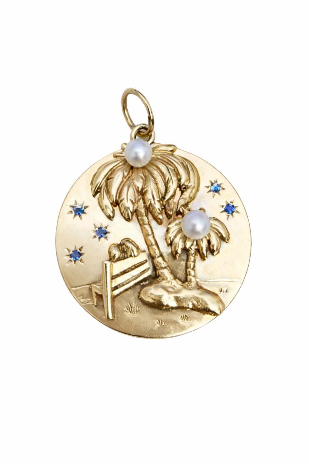 Vintage 14K Gold Palm Tree Charm | Sapphire & Pearl Tropical Medallion ...