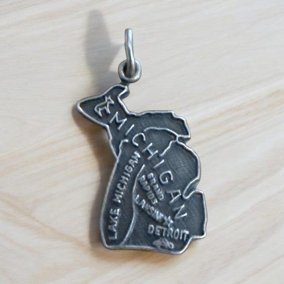 Vintage Sterling Silver Map of Michigan Charm Pendant… - Gem