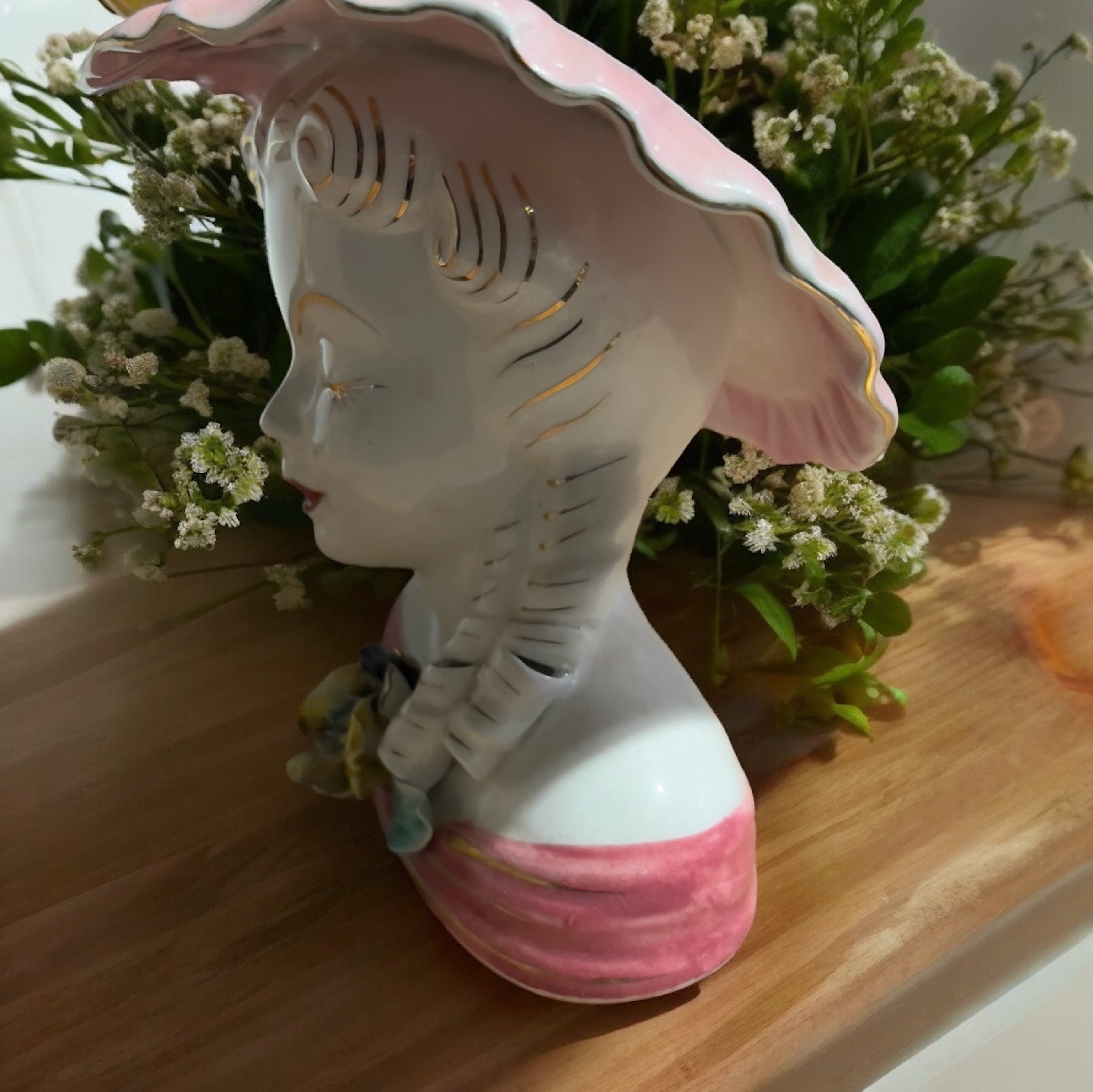 Vintage Scarlet Japan Lady Head Planter Vase Pink Dress, Yellow Rose on ...