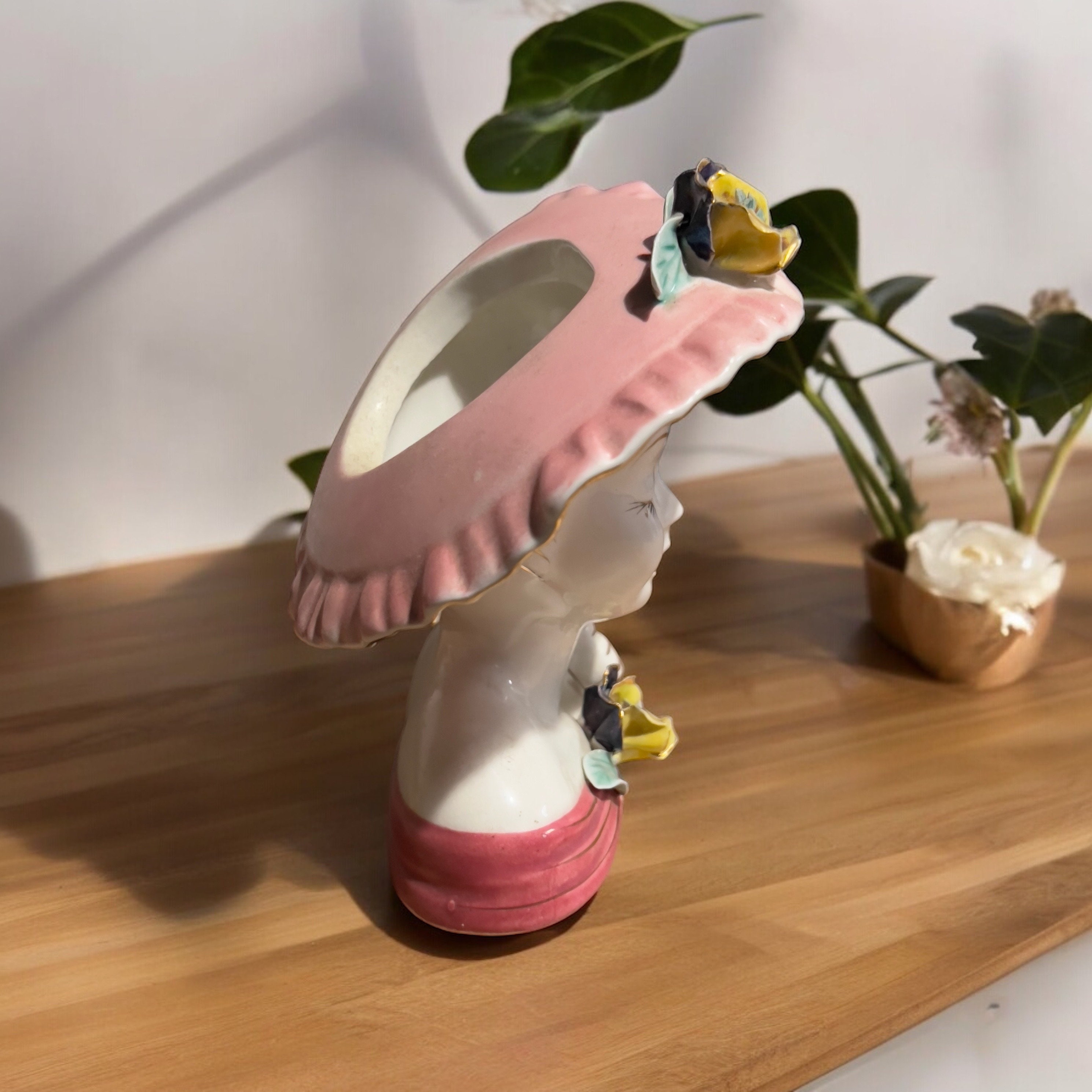 Vintage Scarlet Japan Lady Head Planter Vase Pink Dress, Yellow Rose on ...