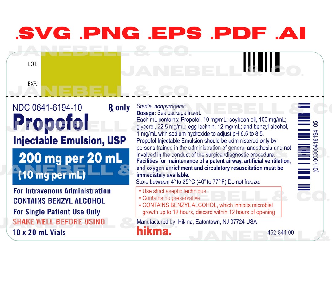 Propofol Label Digital Download SVG, EPS, PNG, .ai, Pdf Vector Tumbler ...