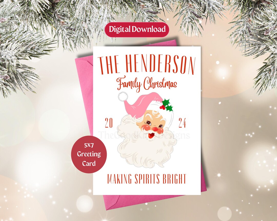 Custom Pink Santa Christmas Card Digital Download Printable Family Name ...