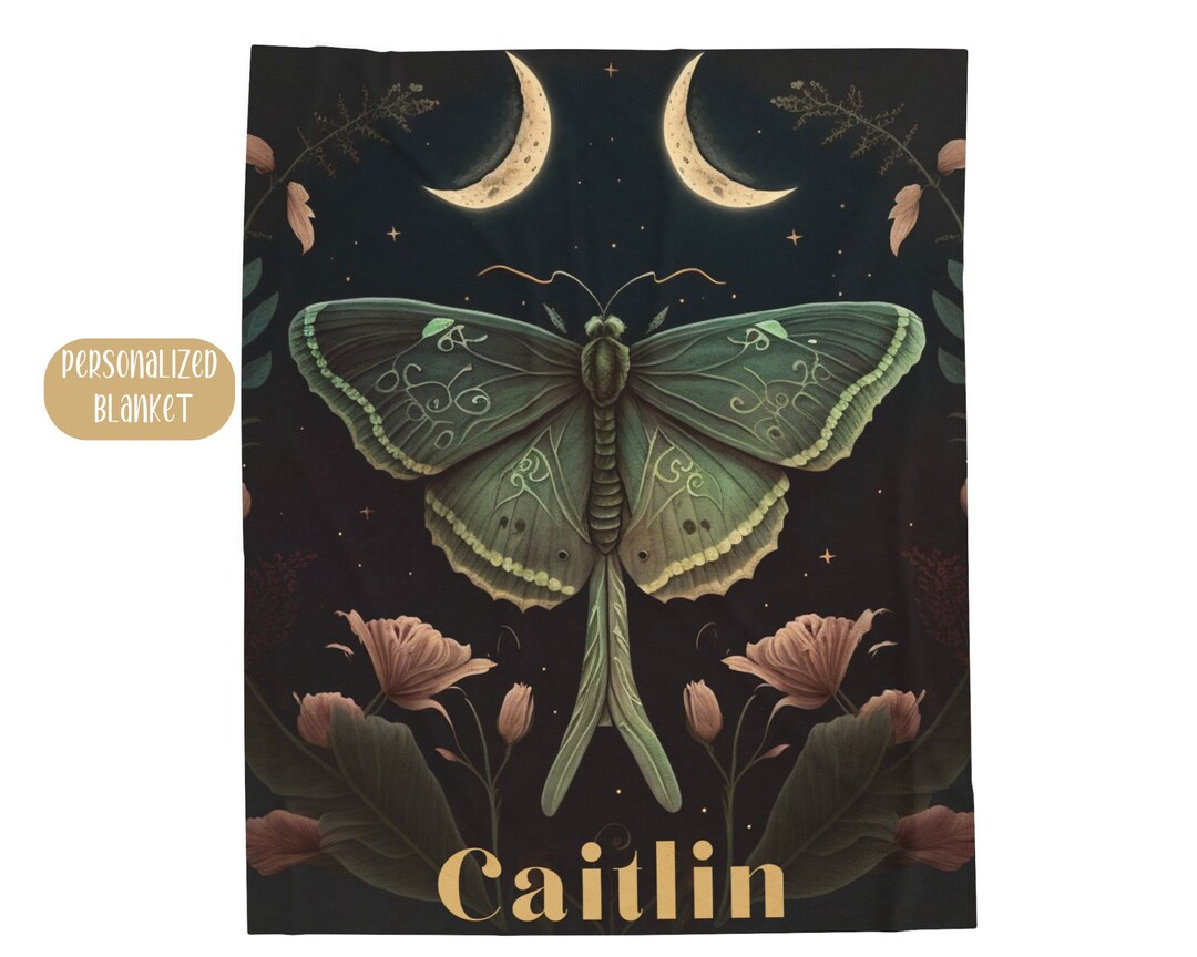 Personalized Luna Moth Blanket, Custom Cottagecore Lunar Moth Throw Blanket, Gothic Decor Dark ...