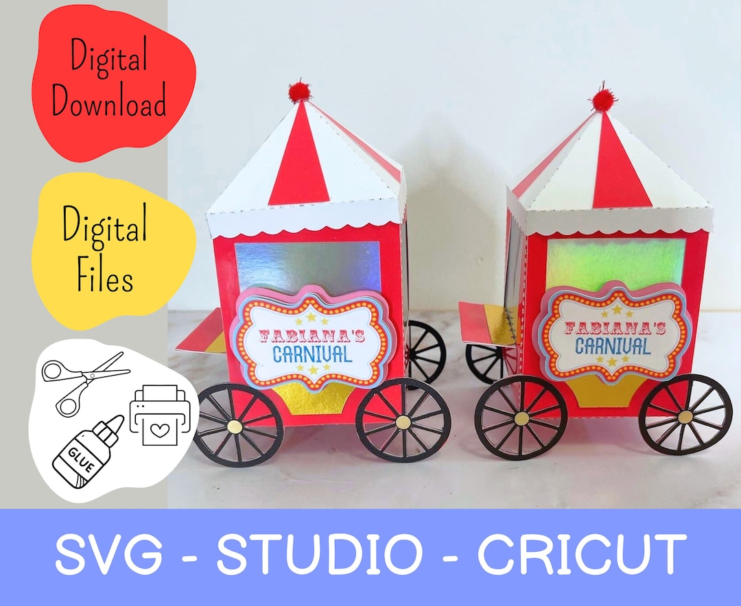 Vintage Circus Popcorn Cart Favor Box Svg DIY Party Favors 3D Candy ...