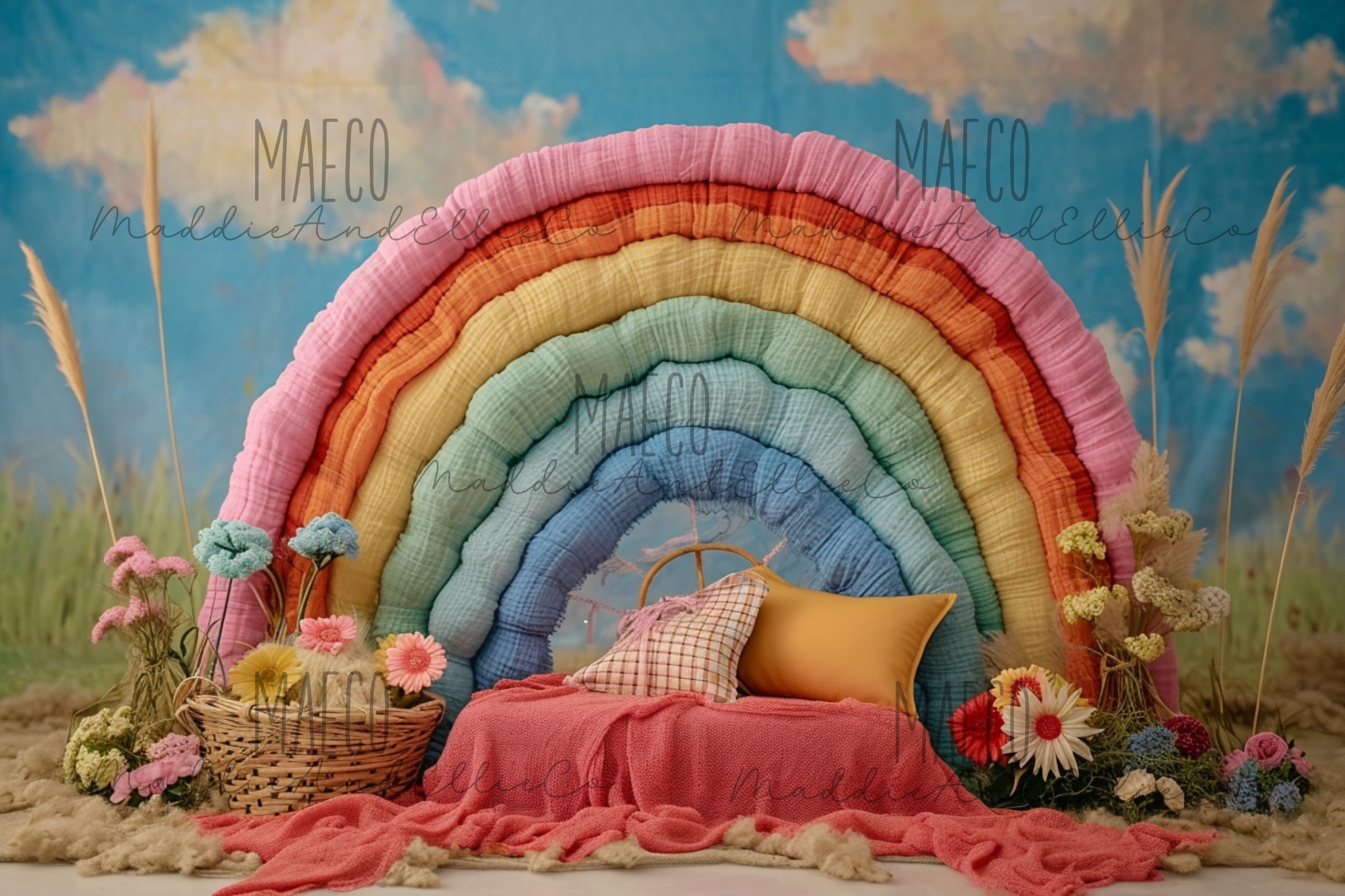 Rainbow Boho Floral Digital Backdrop for Newborn, Rainbow Baby, Digital ...