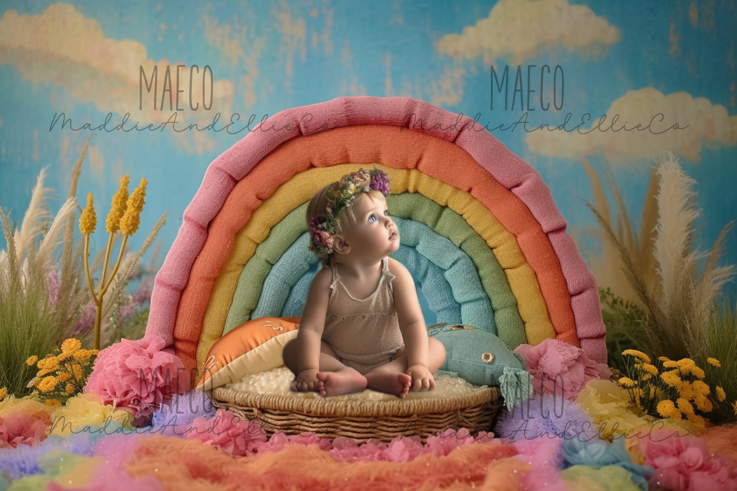 Rainbow Boho Floral Digital Backdrop for Newborn, Rainbow Baby, Digital ...