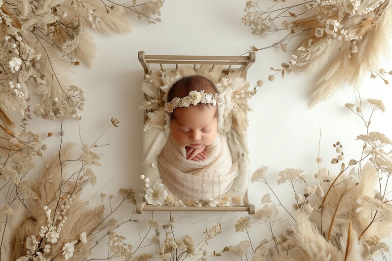 Boho Cream Newborn Digital Backdrop, Newborn Photography, Pampas ...