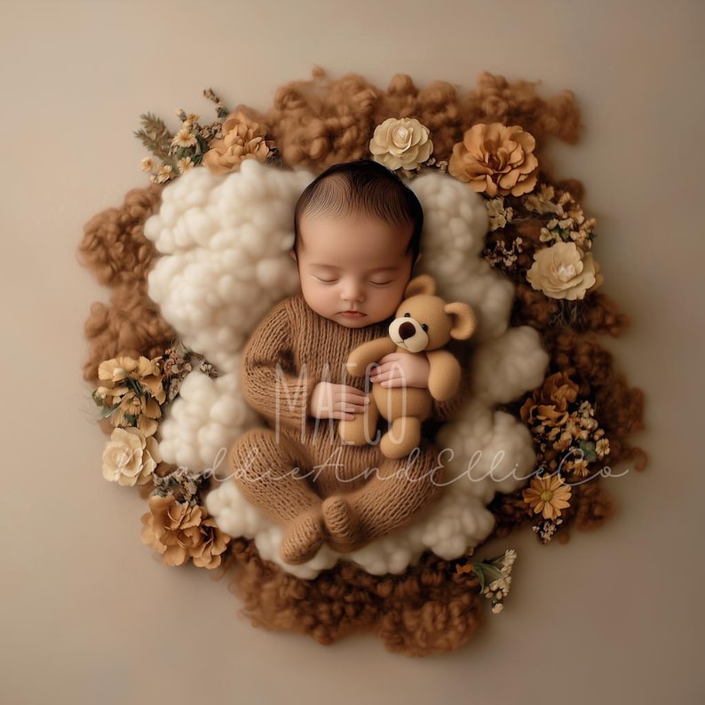 Brown Clouds and Floral Digital Backdrop, Newborn Digital Background ...