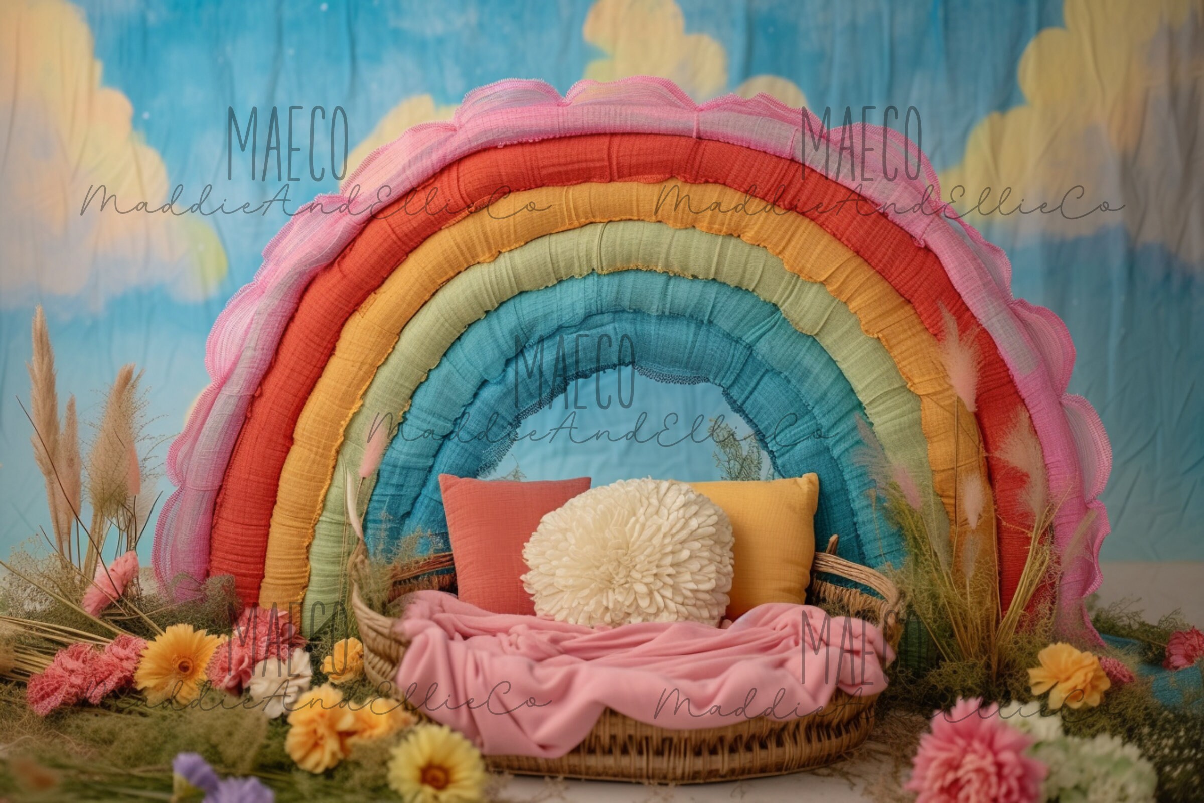 Rainbow Boho Floral Digital Backdrop for Newborn, Rainbow Baby, Digital ...