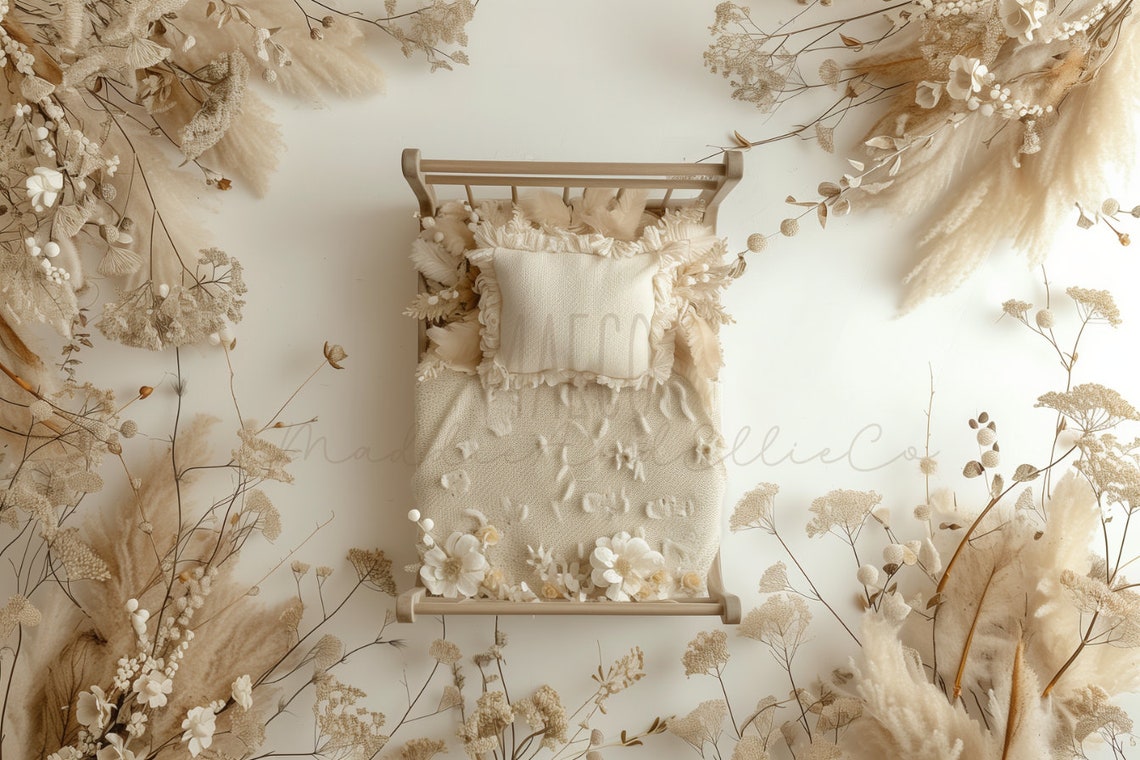 Boho Cream Newborn Digital Backdrop, Newborn Photography, Pampas ...