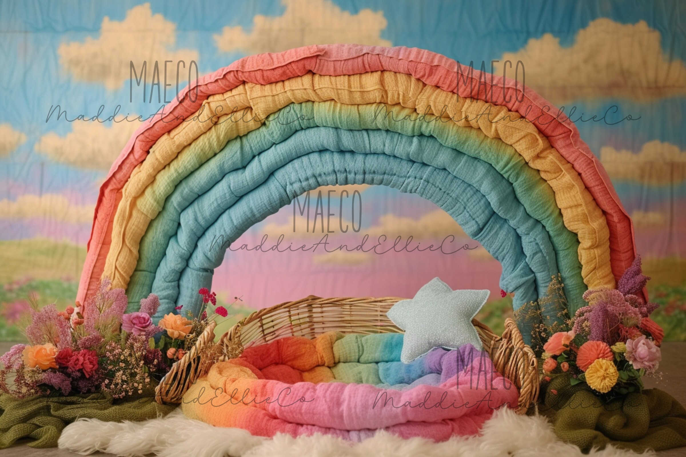 Rainbow Boho Floral Digital Backdrop for Newborn, Rainbow Baby, Digital ...