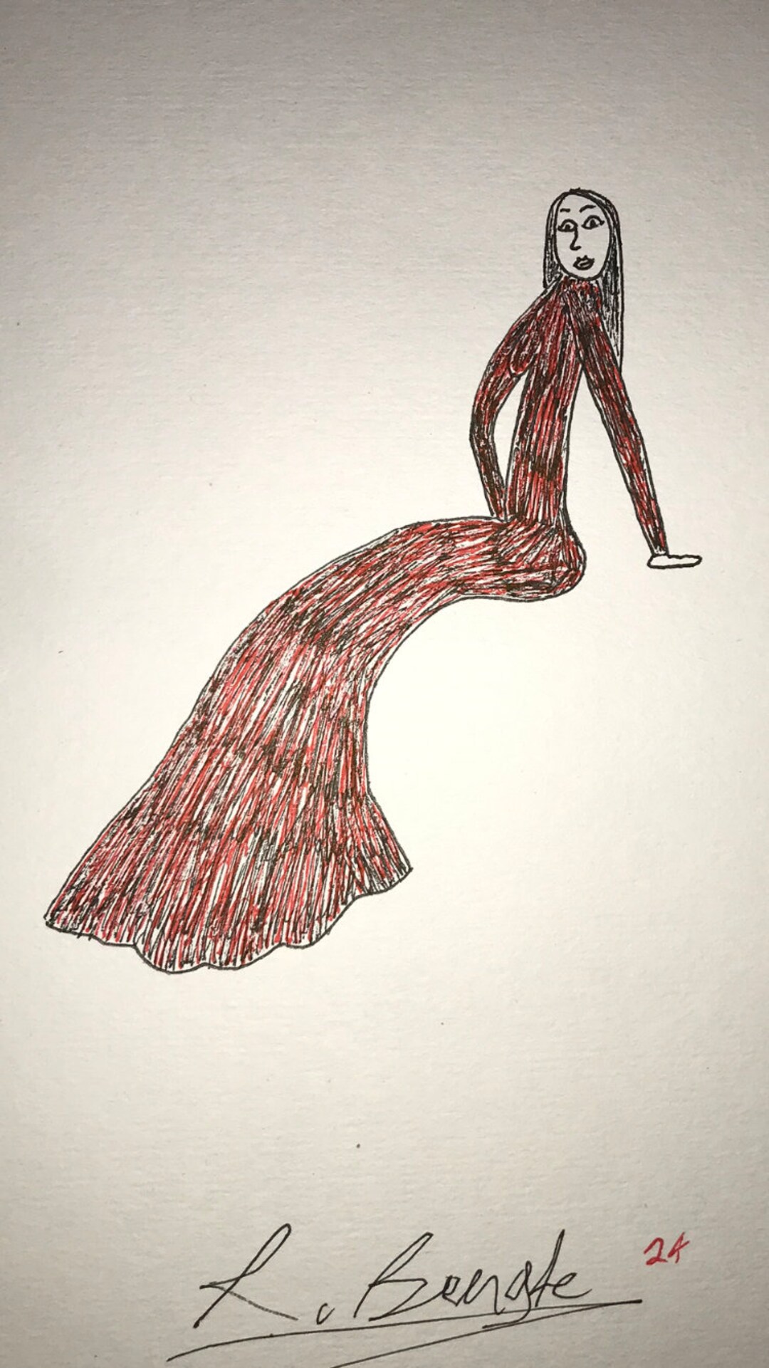 Rare Original Red Black Drawing of A Woman Seated Mixed Colours Nice ...