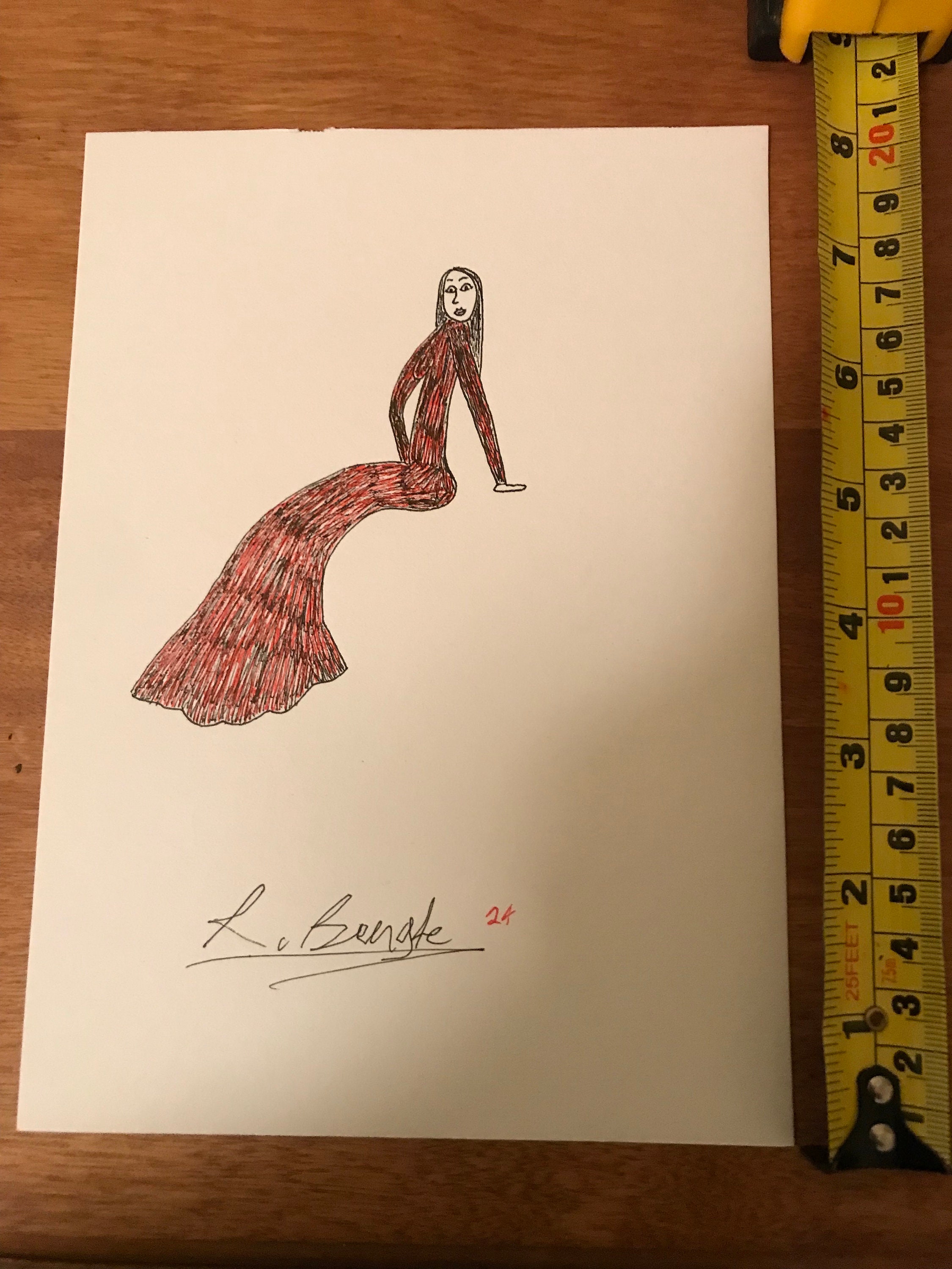 Rare Original Red Black Drawing of A Woman Seated Mixed Colours Nice ...