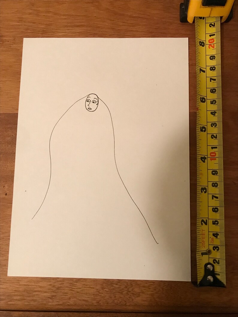 Rare Original Black Pen Drawing Head Long Flowing Hair Outline Drawing ...