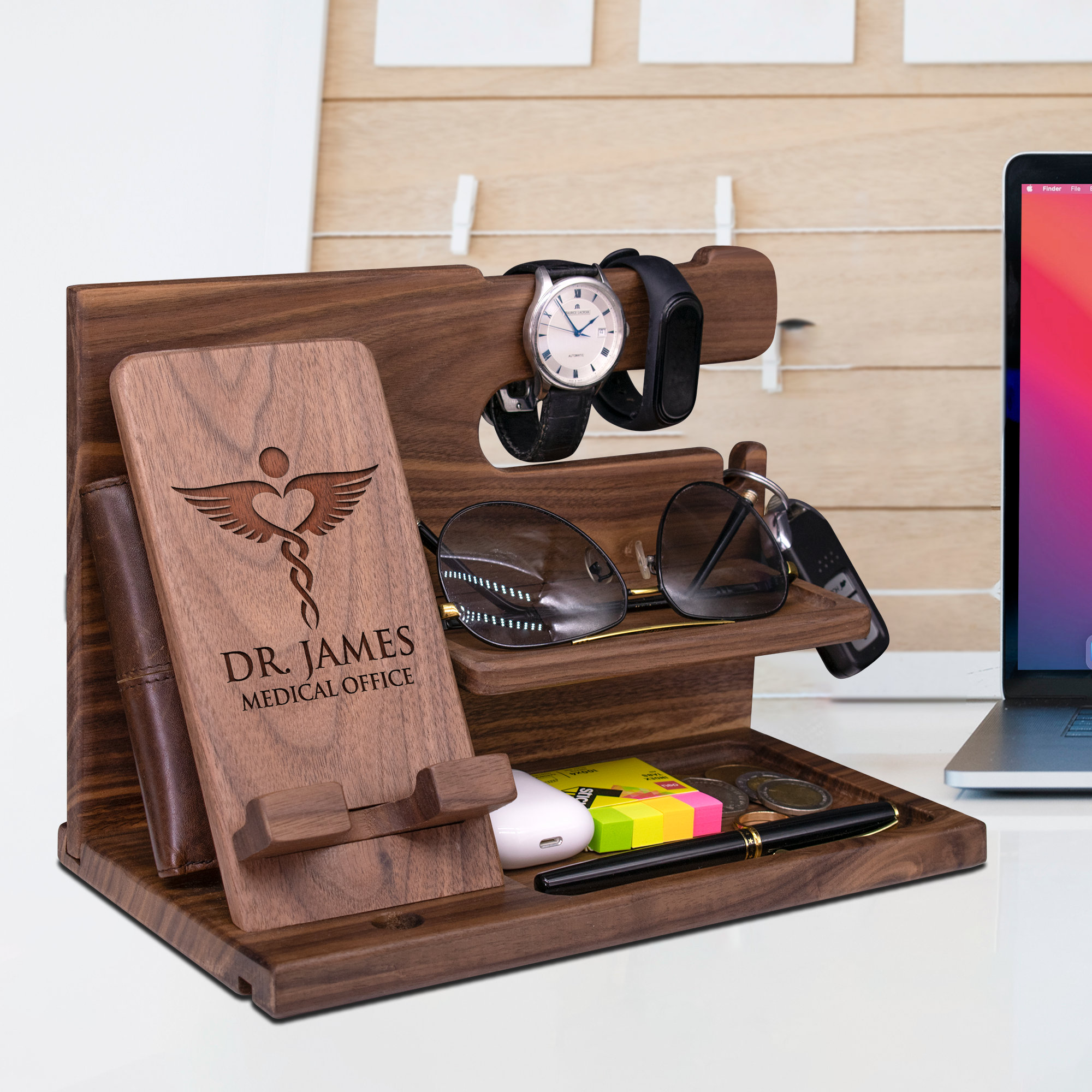 Personalized Desk Nightstand Organizer For Doctor Nurse Walnut personalized-desk-nightstand-organizer-for-doctor-nurse-walnut
