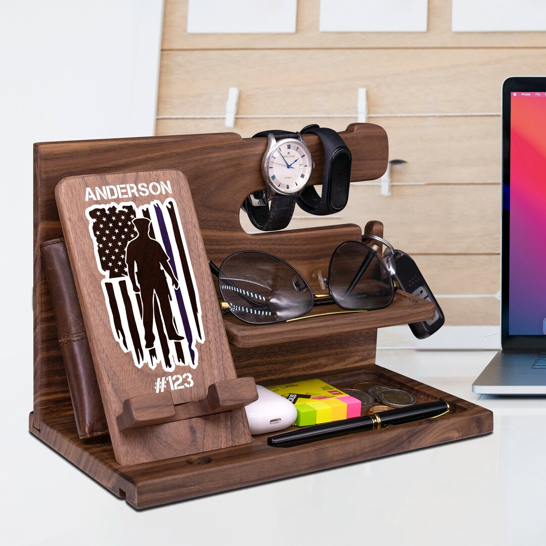 Personalized Desk Nightstand Organizer for Policeman Walnut - Etsy