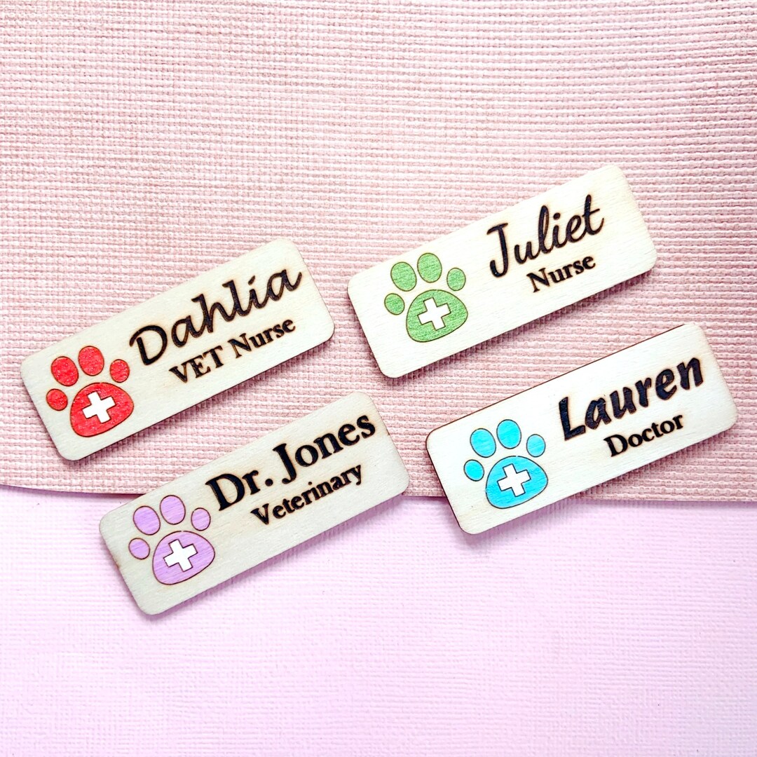 Paw Print Wooden Name Badge: Personalized Vet Doctor/nurse Tag - Etsy