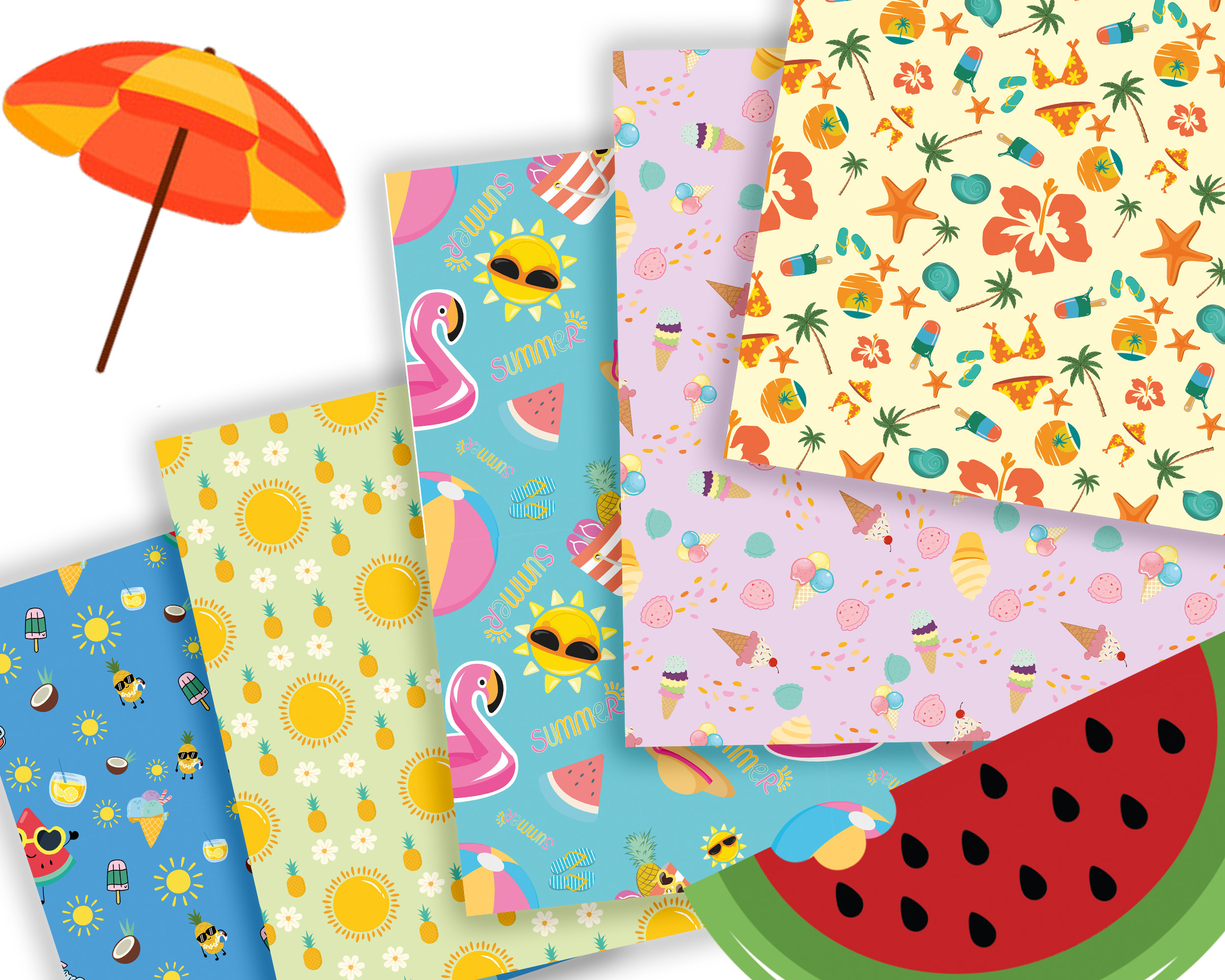 Summer Digital Paper Set, Beach Digital Paper, Watermelon Digital Paper ...