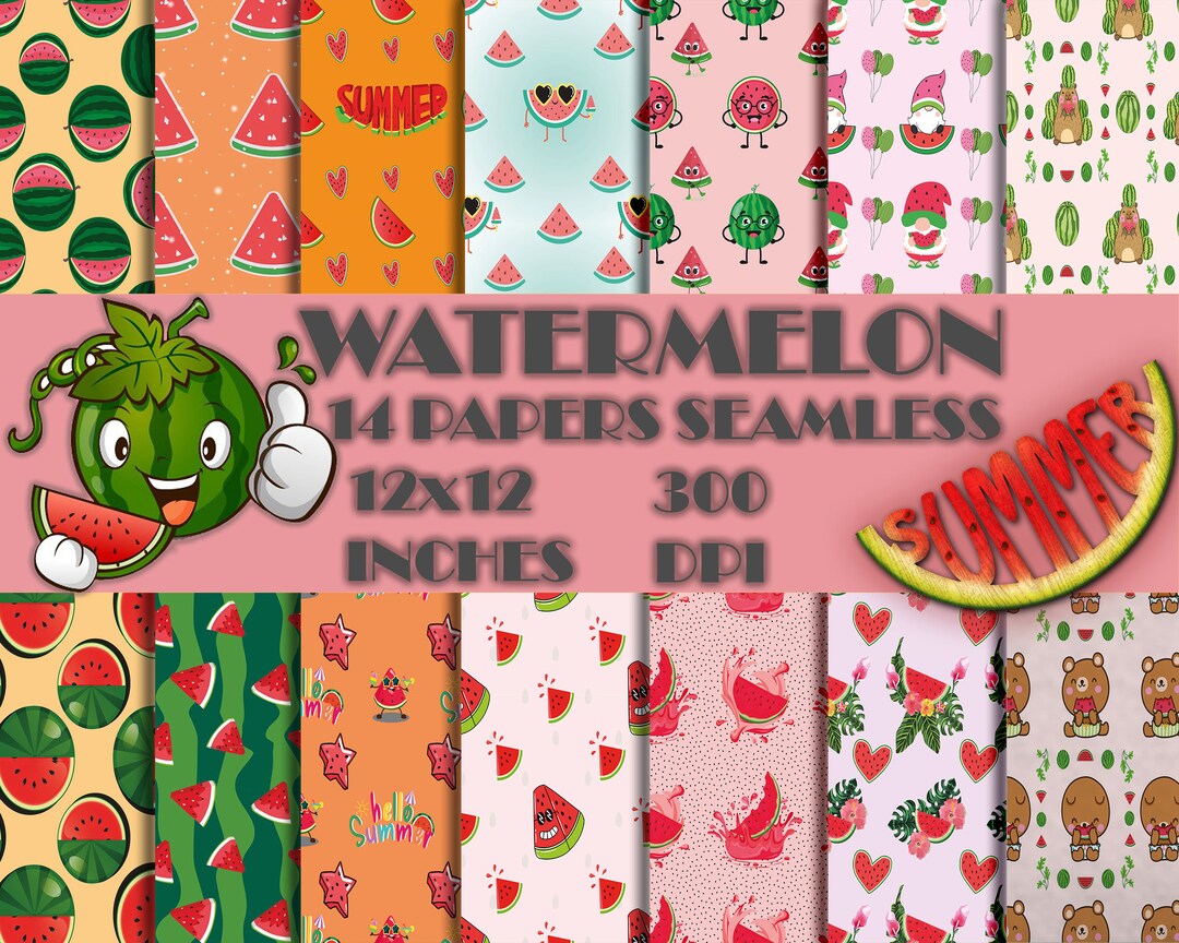 14 Watermelon Themed Digital Papers, Seamless Commercial Use Instant ...